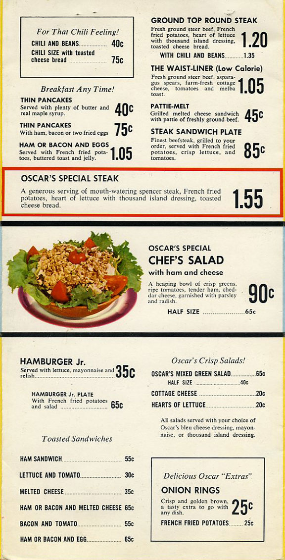 Oscar's Drive-In Menu circa 1963